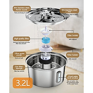 Cat Water Fountain,3.2L/108oz Cat Fountain with Water Level Window,Stainless Steel Pet Water Drinking Fountain for Cats Inside,Quiet Pump for Dogs and Cats(with Water Level Window)