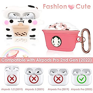 2 Pack for AirPods Pro 2nd/1st Generation Case, 3D Cute Cartoon Kawaii Funny Soft Silicone Case Cover for AirPods Pro 2 Anime Skin with Keychain for Girls Women Kids Teens (Boba Tea Cows+Coffee Cup)