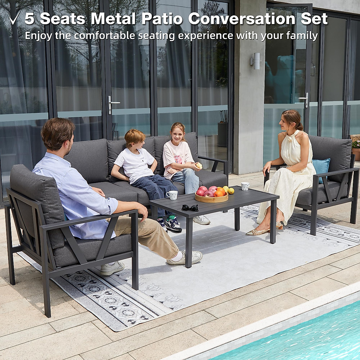 COMLAX FIELD Outdoor Patio Furniture Set, 4 Pieces Metal Patio Furniture Set with Coffee Table, Modern Outdoor Patio Conversation Seating Set, Grey