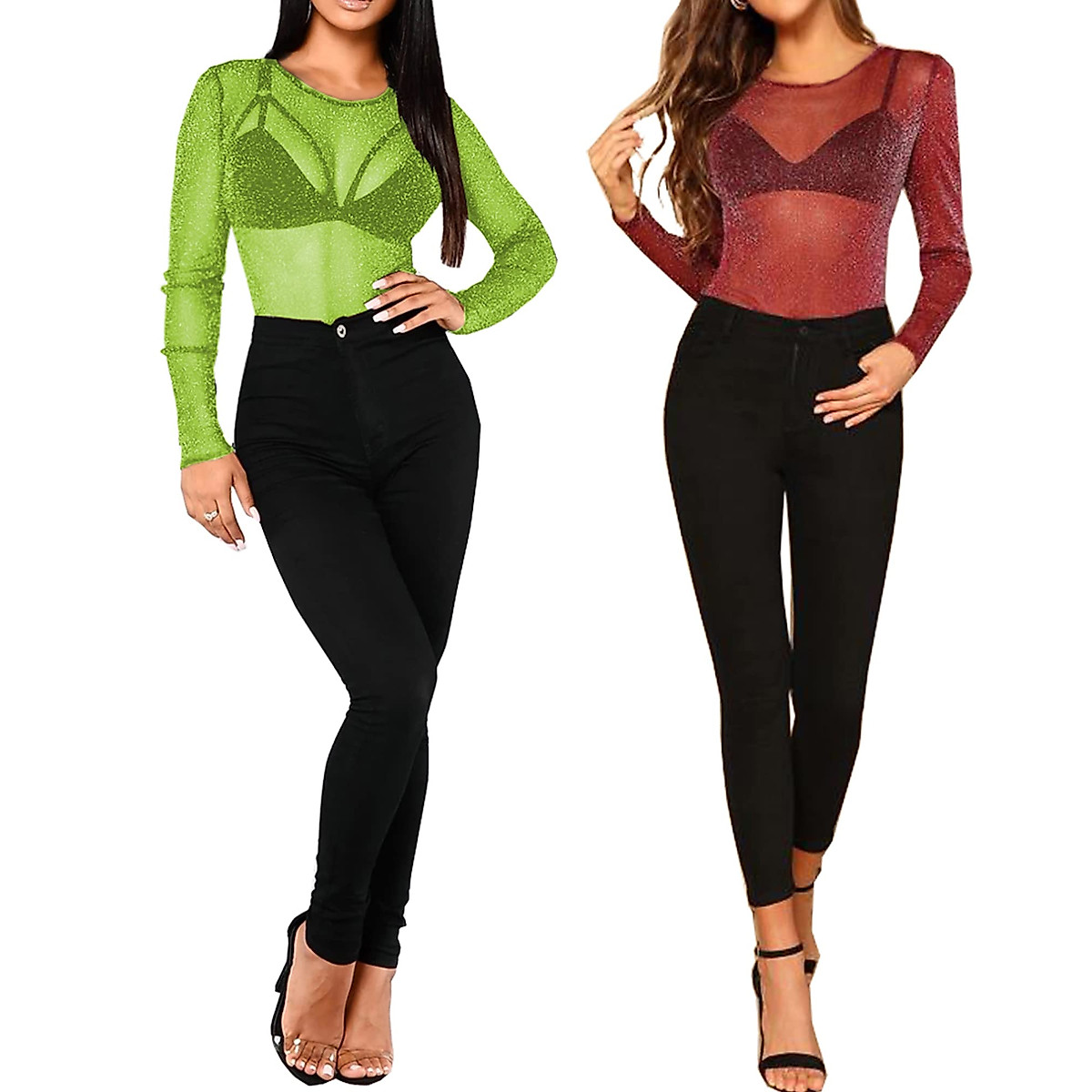 BelleLovin Women's Sheer Mesh Tops Long Sleeve Glitter Sexy Tops See Through Blouses (Neon Green, Small)