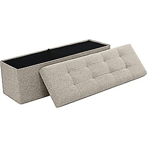Ornavo Home Foldable Tufted Linen Large Storage Ottoman Bench Foot Rest Stool/Seat - 15" x 45" x 15" (Beige)