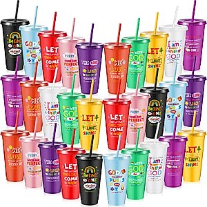 Uiifan 30 Pcs Christian Tumbler Bulk Bible Verse Plastic Tumblers with Lids and Straw 24oz Inspirational Religious Cups Christian Gifts for Kids Christmas Sunday School Religious Party Activities