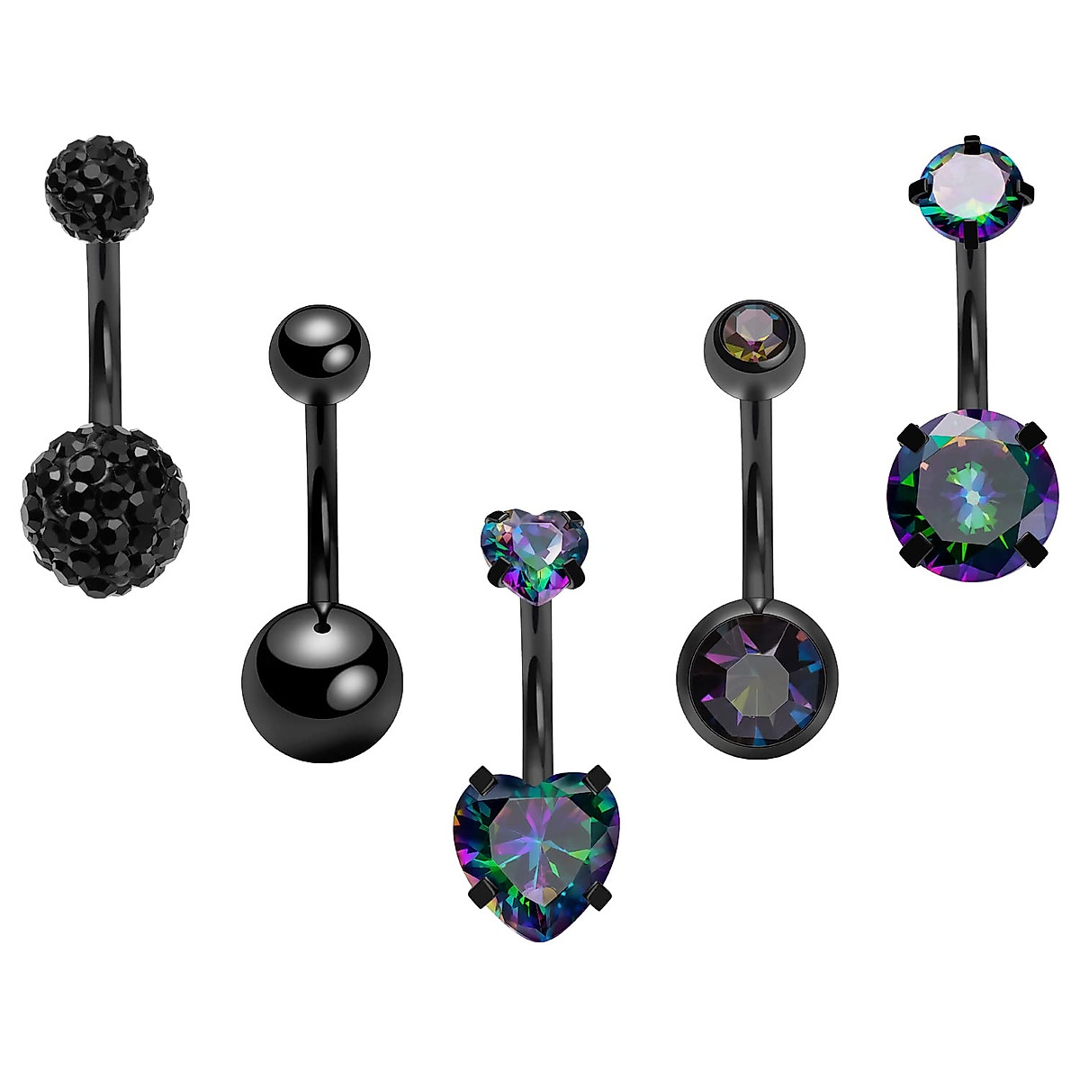 14G Belly Button Ring Stainless Steel Black Navel Ring for Women Clear Round Heart CZ Crystal Belly Bar Body Piercing Internally Threaded Barbell Belly Jewelry Black 5PCS (5PCS Belly Button Ring-Black)
