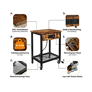 TC-HOMENY End Table Set of 2 with Charging Station & USB Ports, Side Table with Wheels & Storage Shelf Nightstand for Living Room Bedroom