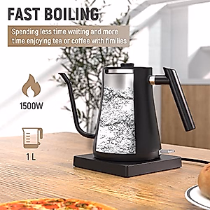 Fabuletta Electric Coffee Kettle Pour Over, Gooseneck 100% Stainless Steel BPA Free, 1500W Quick Heating 1L Tea Pot for Family Matte Black