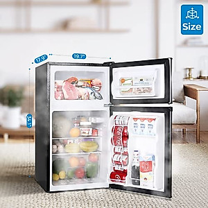 Upstreman 3.2 Cu.Ft Mini Fridge with Freezer, Stainless Steel 2 door, Adjustable Thermostat, Low noise, Energy-efficient, Compact Refrigerator for Dorm, Office, Bedroom