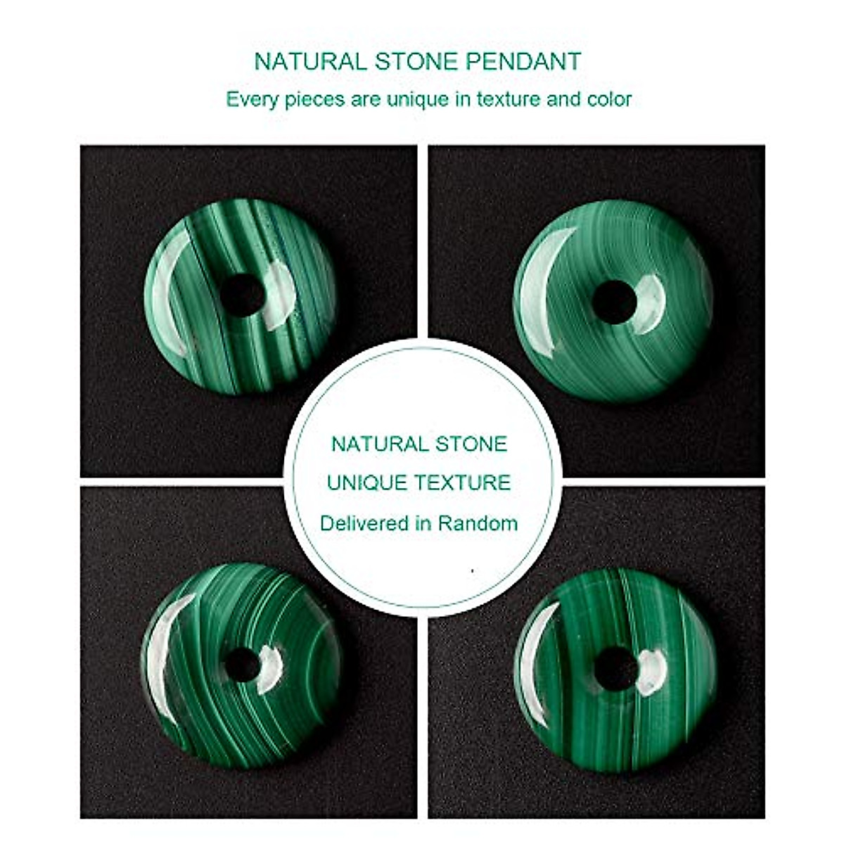 HASKARE Genuine Stone Pendant Gemstone Chakra Jewelry Healing Crystal Necklace Adjustable 0"-27" (Malachite Round)