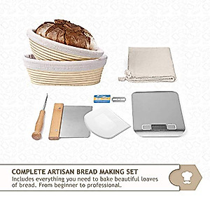 La Patisserie Bread Proofing Basket – 11 Piece Bread Baking Kit with Round and Oval Banneton Basket, Liners, Dough Scrapers, Scoring Lame, Blades, Digital Scale, Canvas Bread Bag