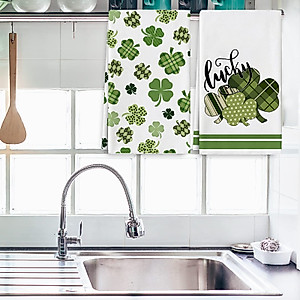 AnyDesign St. Patrick's Day Shamrock Kitchen Towel Green Check Plaids Clover Dish Towel 18 x 28 Inch Lucky Green Hand Drying Tea Towel for Irish Holiday Cooking Baking Cleaning Wipes, Set of 2
