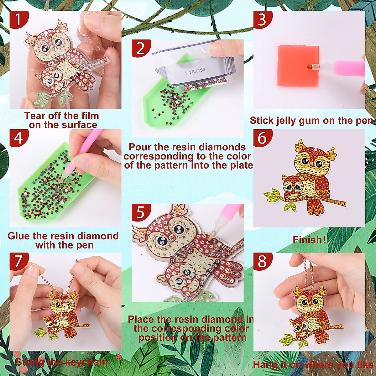 12 PCS Diamond Painting Keychains Kit Animals Diamond Art Ornaments Double Sided 5D Diamonds Key Rings DIY Diamonds Pendants for Beginners Birthday Crafting Home Party Decor