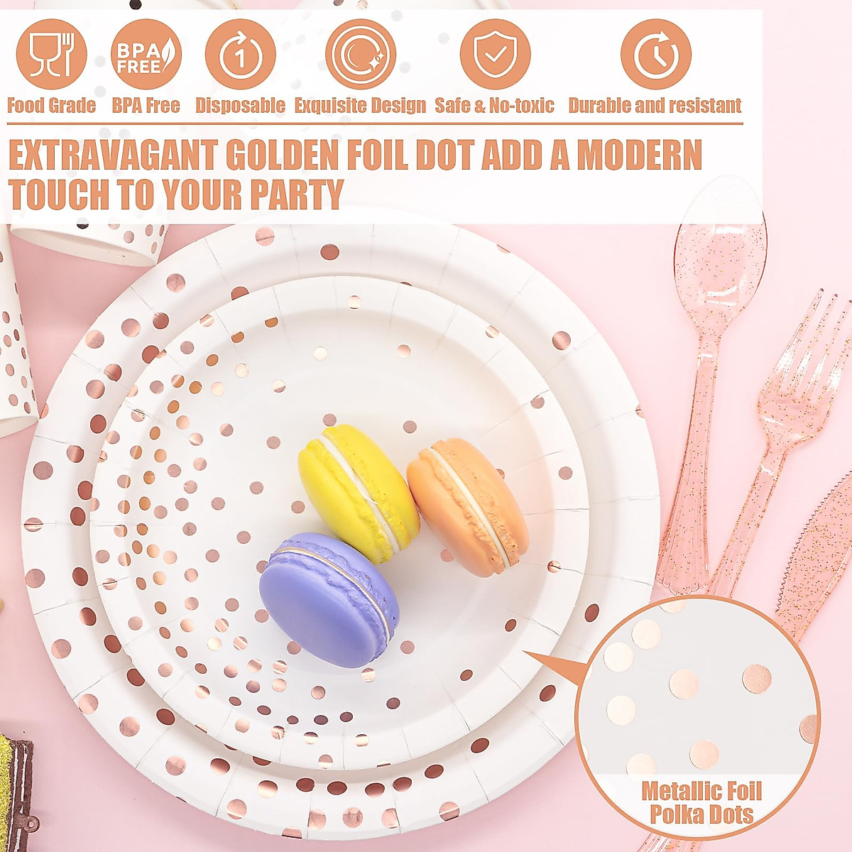 White & Rose Gold Party Supplies - 350 PCS Disposable Dinnerware Set with Paper Plates Napkins Cups, Plastic Forks Knives Spoon for Women Girls Birthday Graduation Bridal Shower Engagement Wedding