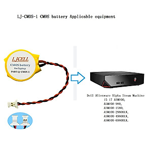 LJCELL CMOS Battery for Dell Alienware Alpha R1 Steam Machine i5 i7 Desktop,Fix Yellow Light BIOS RTC CR2032 Battery with 2 Wire Cable and Connector