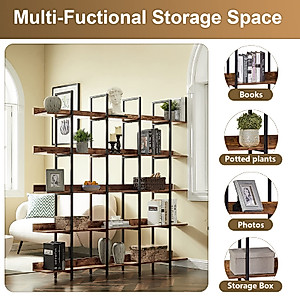 GNIXUU Triple Wide Bookshelf 5-Tier, Industrial Display Bookcase with Metal Frame, Tall Open Storage Book Shelves for Bedroom Living Room Office (Rustic Brown)