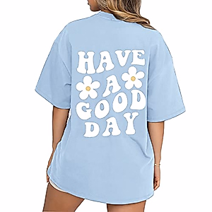 Cioatin Women’s Aesthetic Y2K Oversize Tee Shirt Top Floral Slogan Letter Graphic Drop Shoulder Short Sleeve Tshirt Sky Blue