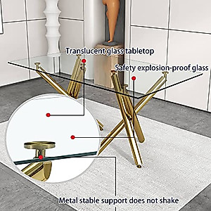71" Glass Dining Table for 6-8, Large Modern Rectangular Dinner Table with 0.39" Tempered Glass Tabletop and Gold Chrome Metal Legs, Simplistic Kitchen