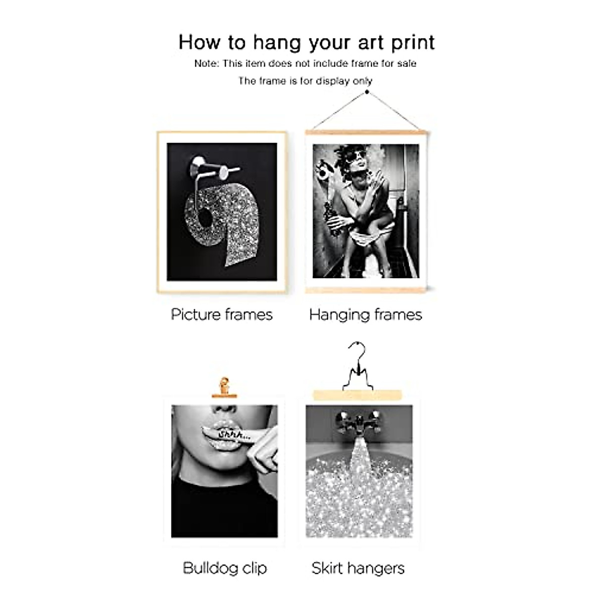 Bathroom Decor Wall Art Prints Glam Glitter Tissue Sliver Grey Funny Bathroom Toilet Paper Artwork for Wall Black and White Modern Fashion Art Gallery Wall Set (11"x14" UNFRAME)