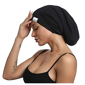 SAYMRE Satin Lined Bonnet Silky Hair Wrap Large Sleep Cap - Adjustable Beanie Slouchy Hats Bonnets for Women Curly Long Hair (X-Large, Pure Black)