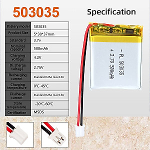 AKZYTUE 3.7V 500mAh 503035 Lipo Battery Rechargeable Lithium Polymer ion Battery Pack with PH 2.0mm JST Connector