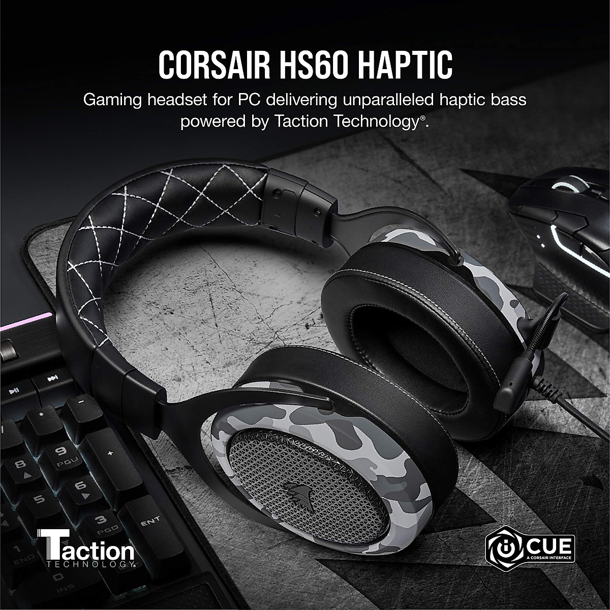 Corsair HS60 Haptic Stereo Gaming Headset with Haptic Bass, Memory Foam Earcups, Removable Microphone, Windows Sonic Compatible, Discord-Certified for PC - Arctic Camo