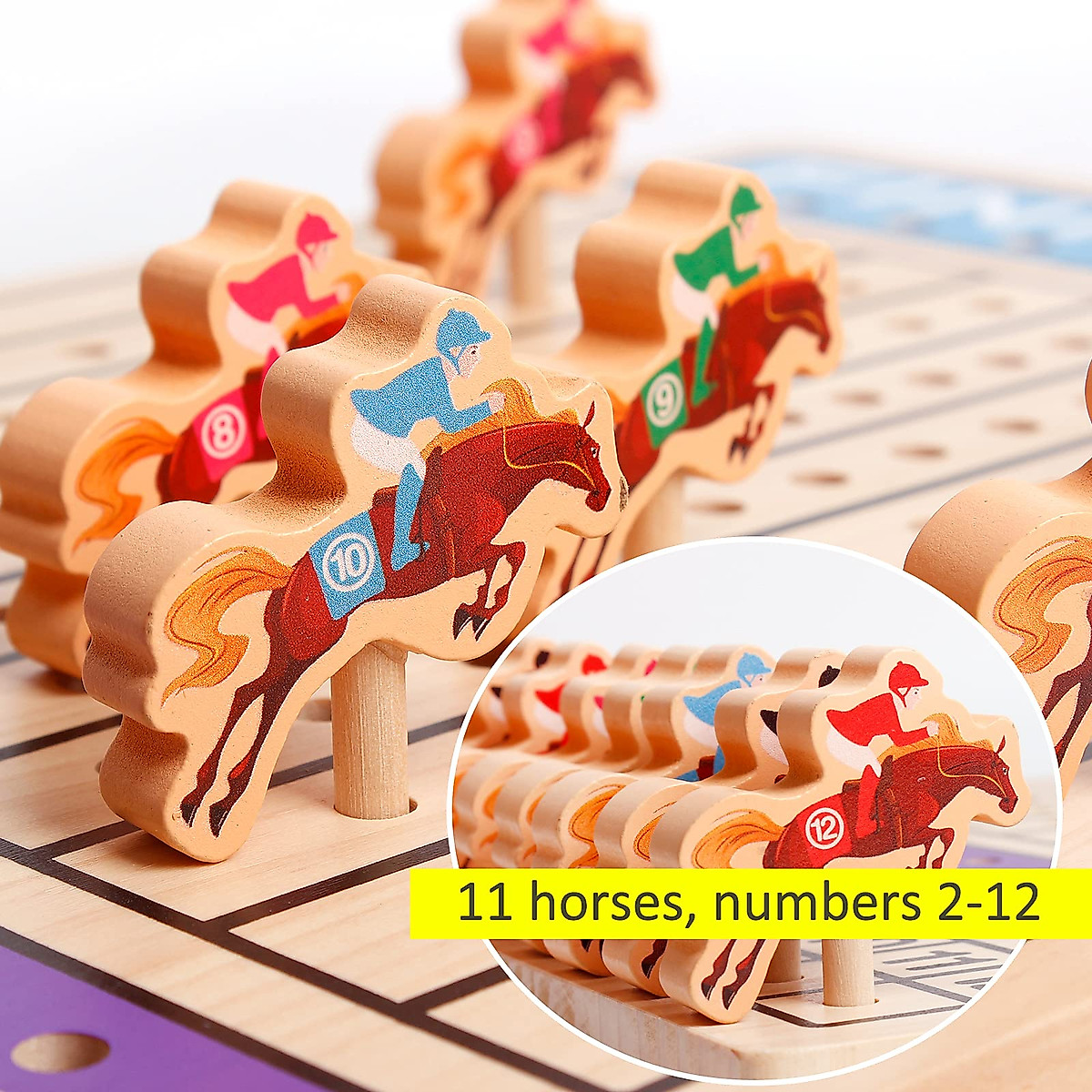 BEAUAM Horse Racing Board Game Wooden Challenge Toy Poker with 11 Durable Horses Dice & Cards for Kids Family Game Brain Teaser Gamble Game Chess
