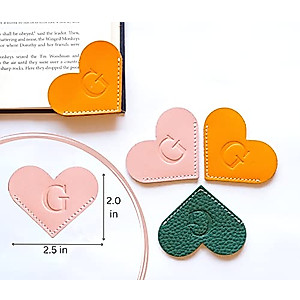 PQ Bees Personalized Leather Handmade Corner Bookmarks( 3 Pcs), 26 Letters Leather Heart Shape Corner Page Bookmark, Cute Bookmarks for Book Reading Lovers Meaningful Gift( G)