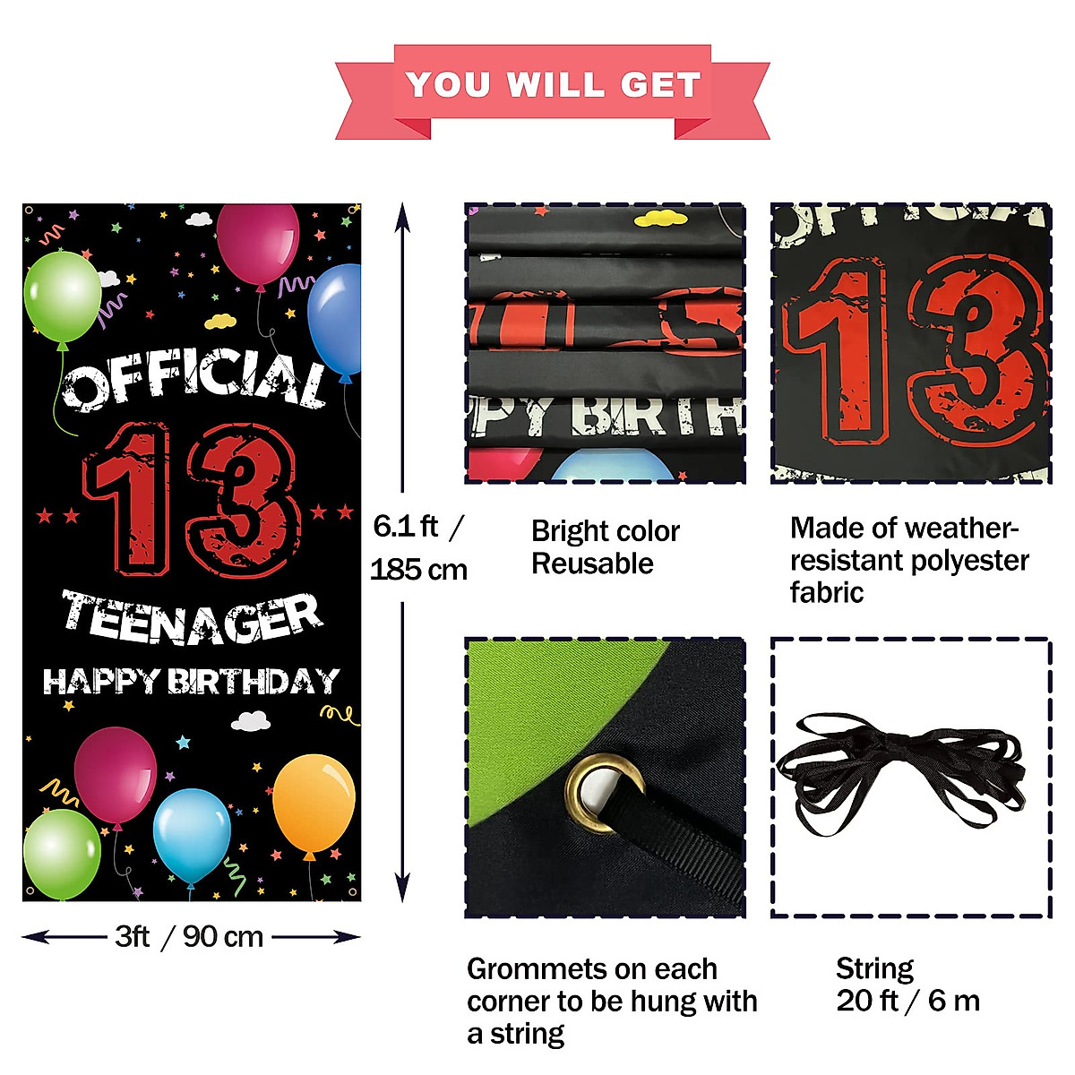 HTDZZI Official Teenager 13th Birthday Door Backdrop Banner, Happy 13th Birthday Decorations for Boys Girls, Black White 13 Year Old Birthday Party Yard Sign Photo Props for Outdoor Indoor, Sturdy