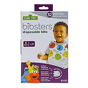 Bibsters Sesame Street Large Disposable Bibs with Patented Crumb-Catcher, Leakproof Liner, and Reusable Fastener -Age 6 Months and Up 32 count (Pack of 1)