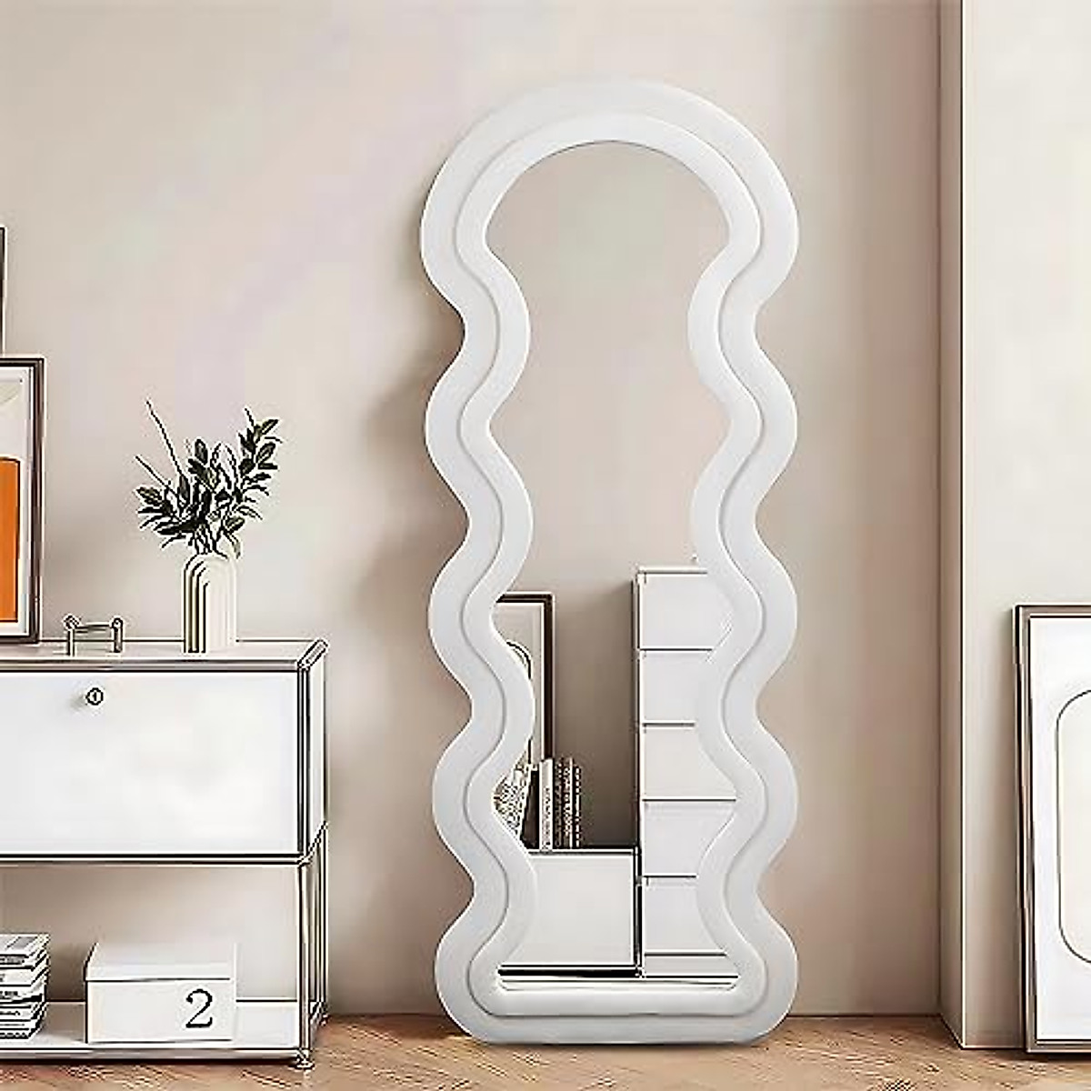 LOVDECORT Irregular Wavy Full Length Mirror, 63" x 24" Shatter-Resistant Selfie Leaner Mirror, Standing Floor Mirror for Hanging & Leaning Against Wall with Velvet Wrapped Wooden Frame(White)