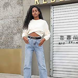 Earnda Women's Leather Belt Fashion Soft Faux Leather Waist Belts For Jeans Dress Black Medium