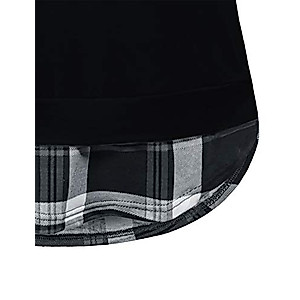 Tunic Shirts for Women Short Sleeve,Flattering Contrast Check V Neck Blouse Modest Youth Henley Tops Hi-Low Hem Casual Business Work Flowy Shirts Wear with Leggings Pullover Tunic Black Large
