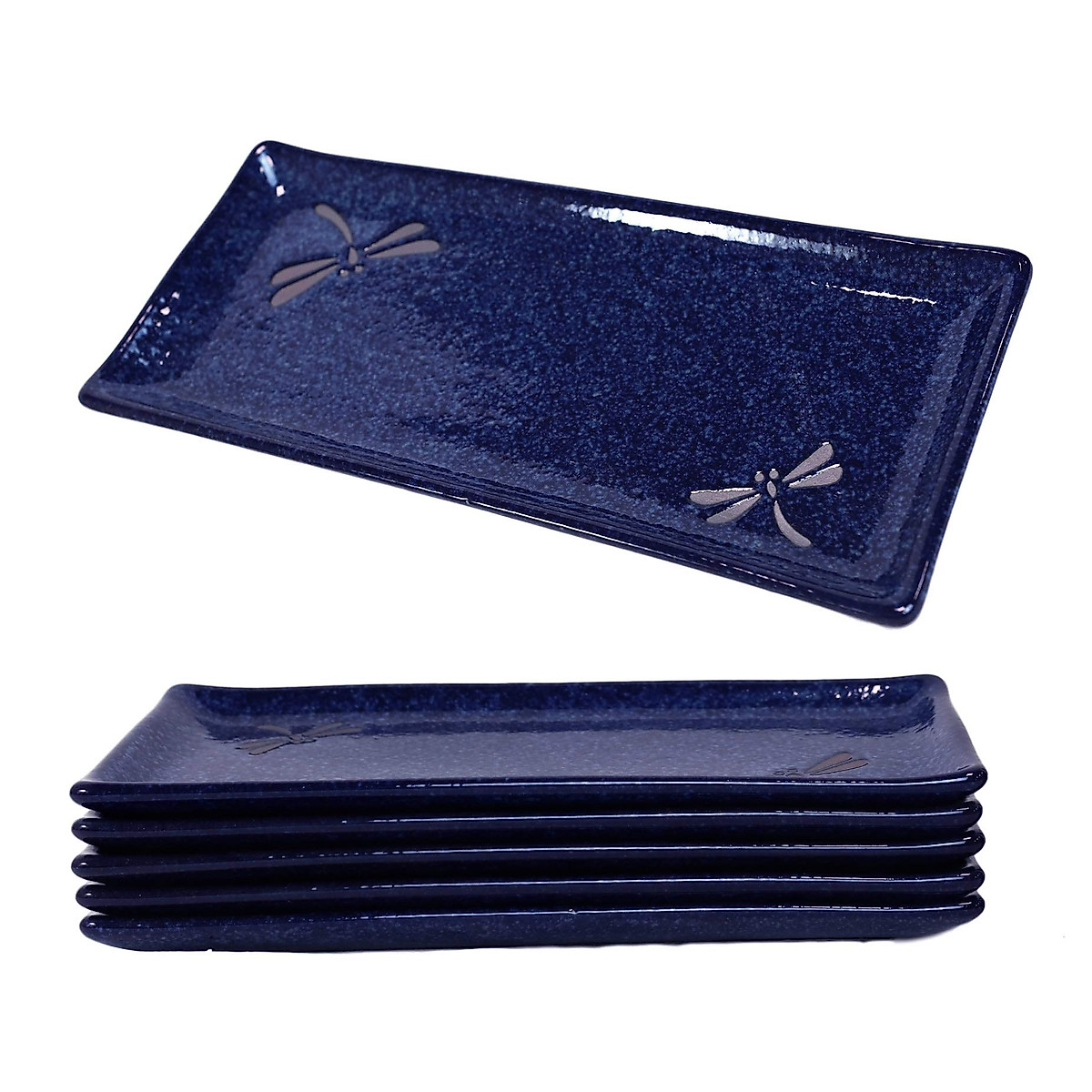 Ebros Pack Of 6 Made In Japan Tombo Dragonfly Midnight Blue Ceramic Sushi Or Sashimi 11" Long Platter Plate Appetizer Dinner Entrée Dessert Serveware Japanese Home Decor Dining Housewarming Gift