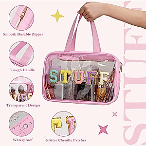 Yowivon Clear Tote Bag Pink Preppy Large Makeup Bag Travel Toiletry Cosmetic Organizer Bag with Handle, Transparent Waterproof Beach Bag Snack Stadium Bags for Women Girls