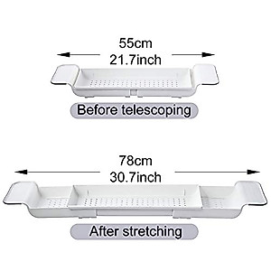 Expandable Bath Shelf Bathtub Caddy Tray Adjustable Plastic Shower Organizer Trays Extending Home Bathroom Sides Bath Tub Caddy Tray Rack Soap Shower Storage Kitchen Wine Tray Holder SPA Ttray (White)