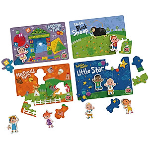 CoComelon, 4-Pack Wooden Puzzles, 18-Pieces Each Jigsaw Toy Gift Set with Interchangeable Characters, for Kids Ages 3 and up
