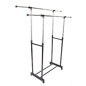 Dual-bar Vertical & Horizontal Stretching Stand Clothes Rack with Shoe Shelf YJ-04 Black & Silver,Commercial Rack Rolling Clothes Racks for Hanging Clothes Rack, Collapsible ＆ Portable Clothes Rack