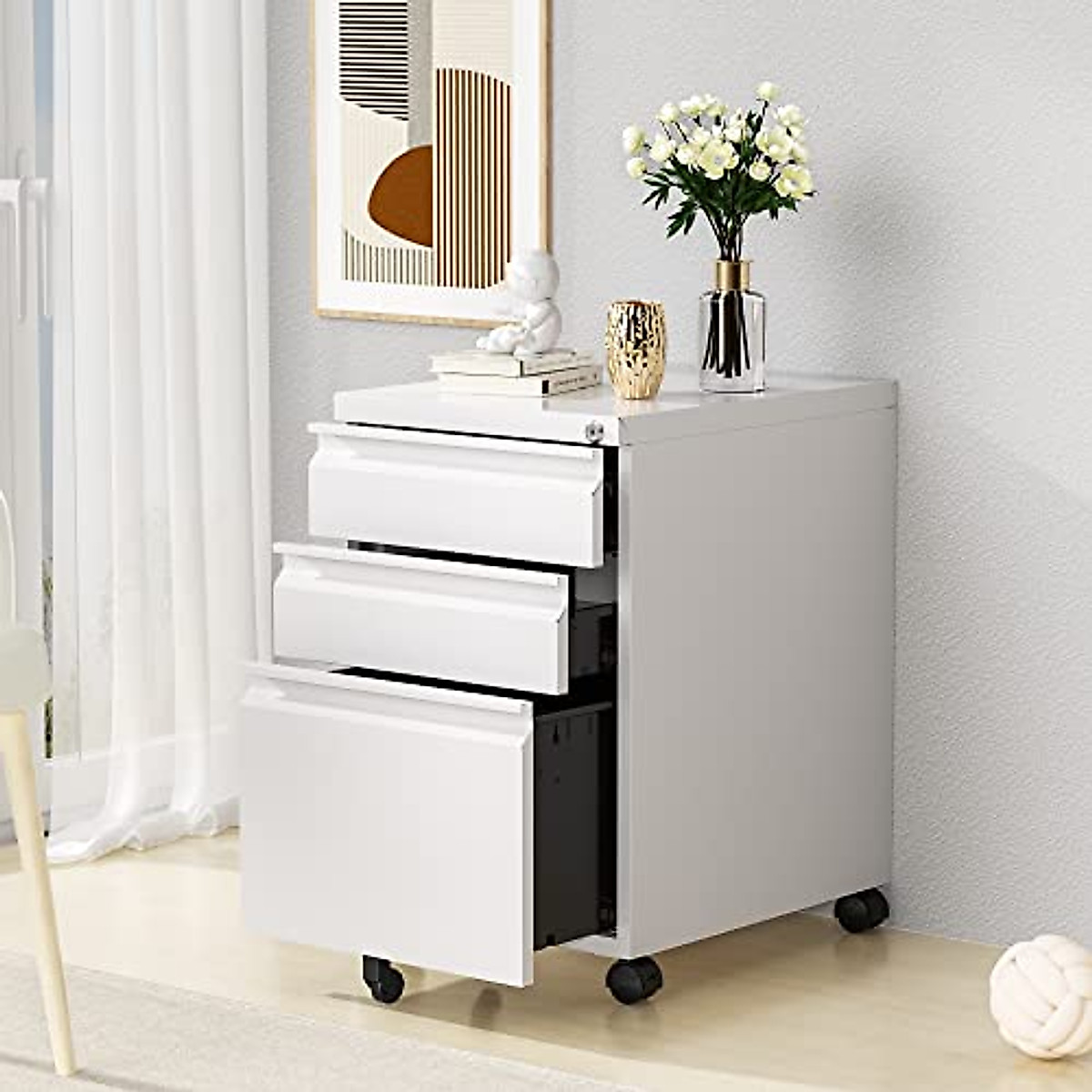 LISSIMO 3 Drawer Mobile File Cabinet with Lock,Under Desk Storage Cabinet for Home Office, Vertical Filing Cabinet Fits A4 or Letter Size (Unassembled, White)