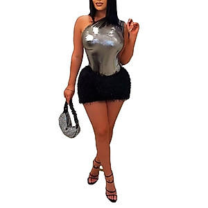 Kafiloe Women Sexy 2 Piece Outfits Clubwear One Shoulder Metallic Bodysuit Top Night Party Club Mini Skirt Set Black XL