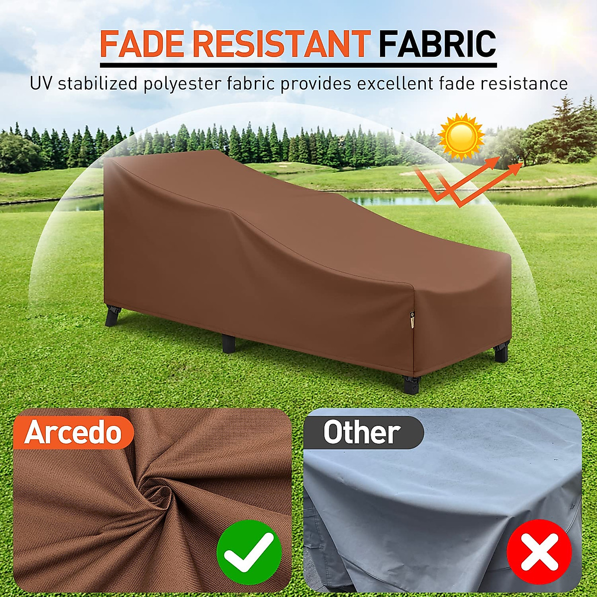 Arcedo Patio Chaise Lounge Covers Waterproof, Outdoor Lounge Chair Covers, Lounger Covers for Outside, Poolside and Beach, Heavy Duty Patio Furniture Cover, 76" L x 28" W x 30" H, Pack of 2, Brown
