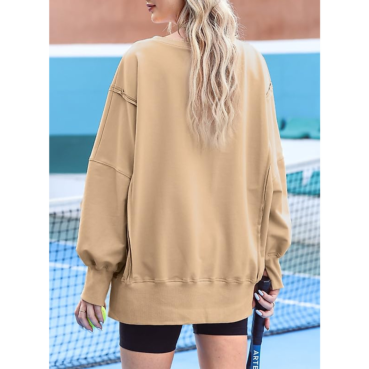 SHEWIN Womens Sweatshirts Long Sleeve Round Neck Soft Baggy Curved Hem Tops Lightweight Sweatshirts for Women Fall Cute Tops Loose Fit Flowy Crewneck Plain Tshirts for Leggings Khaki Small