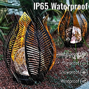Garden Solar Lights Pathway Outdoor Palm Leaf Crackle Glass Globe Metal Flower Lights,Waterproof Garden Lights Decorations for Tabletop Patio Yards Walkway Party