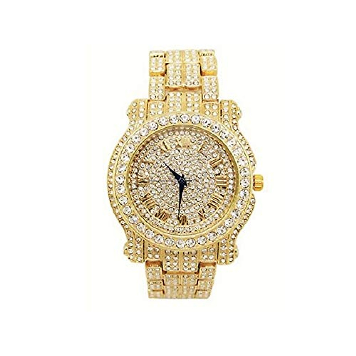 Charles Raymond Bling-ed Out Silver Round Luxury Mens Watch w/Bling-ed Out Cuban Bracelet - L0504B - Cuban (Gold)