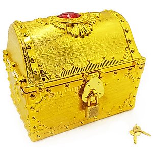Pemalin Kids Pirate Treasure Chest Large Size Storage Box, Gem-encrusted Gold Decorative Chest with Lock and Key for Kids Birthday, Halloween, Christmas Pirate Party Favors