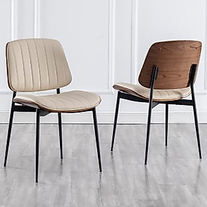 LUNLING Dining Chairs Set of 2 Mid Century Modern Retro Faux Leather Chair with Walnut Bentwood Upholstered Seat Metal Legs Adjustable Foot for Kitchen Dining Room Chairs(Beige)