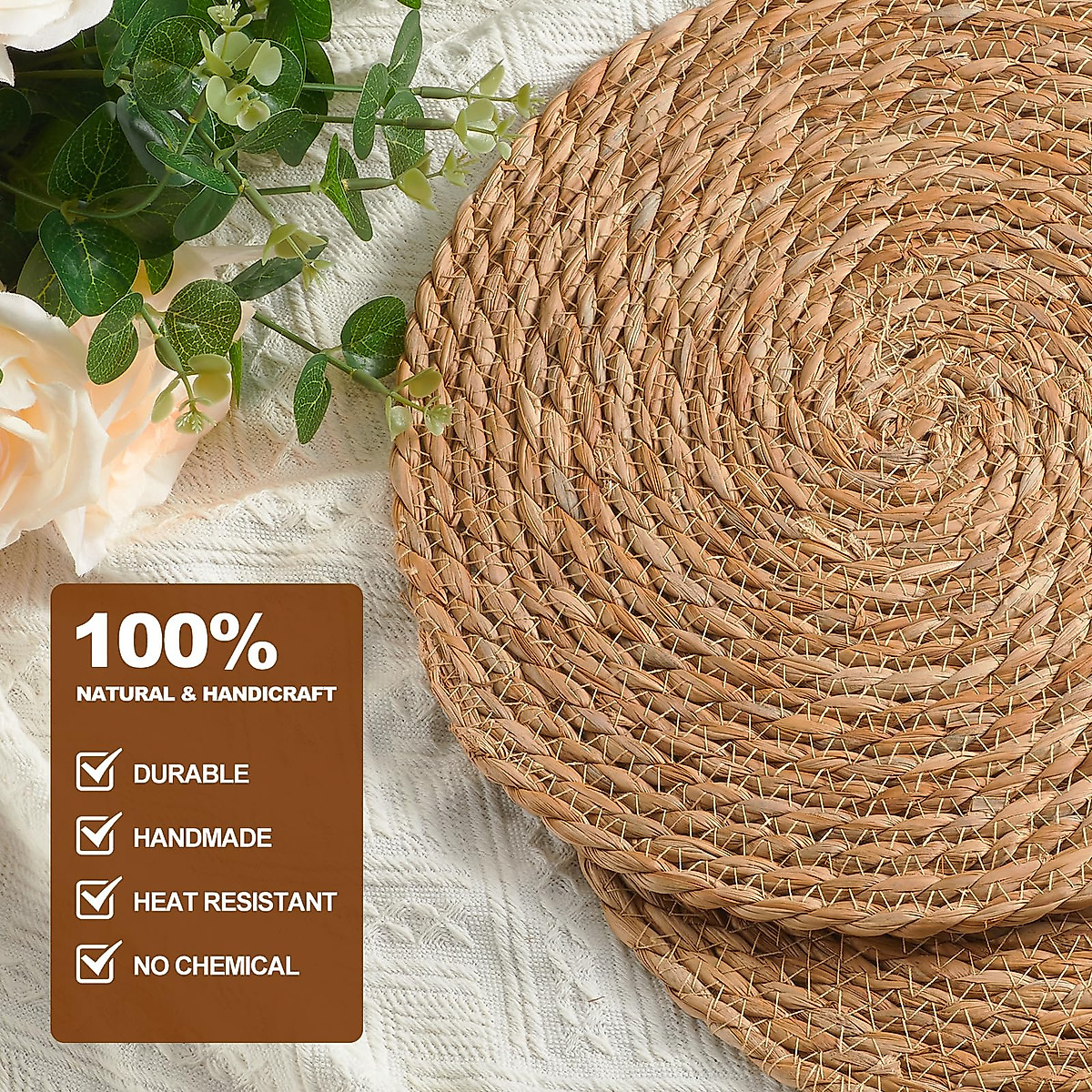 Round Woven Placemats Set of 10, 12" Boho Rattan Placemats Natural Hand-Woven Water Hyacinth Placemats, Farmhouse Weave Place Mats, Rustic Braided Wicker Table Mats for Dining Table,Home,Wedding