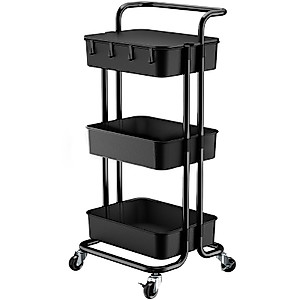 Pipishell 3 Tier Rolling Cart with Table Top, Utility Cart with Wheels & 4 Hooks, Rolling Storage Cart for Home Storage and Organization, Black, PIUC09B