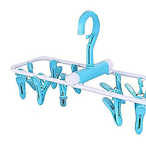 Foldable Clip Hanger Drying Rack, Laundry Clip Hanger, Foldable Clip Hanger, Windproof Hanger, Foldable Windproof Underwear and Sock Hanger with 12 Clips for Home - Plastic Drying Clip Rack(Blue)