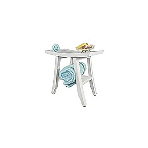 CoastalVogue Teak Satori Shower Bench Wooden Seat Spa Shower Stool with Curved Seat and Shelf Teak Wood Shower Bench in Antique White Finish - 18 inches Length x 12” Width