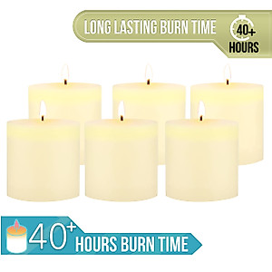 Stonebriar Tall 3 x 3 Inch 40 Hour Long Burning Unscented Wax Flat Top Pillar Candles, Ivory, 6 Pack