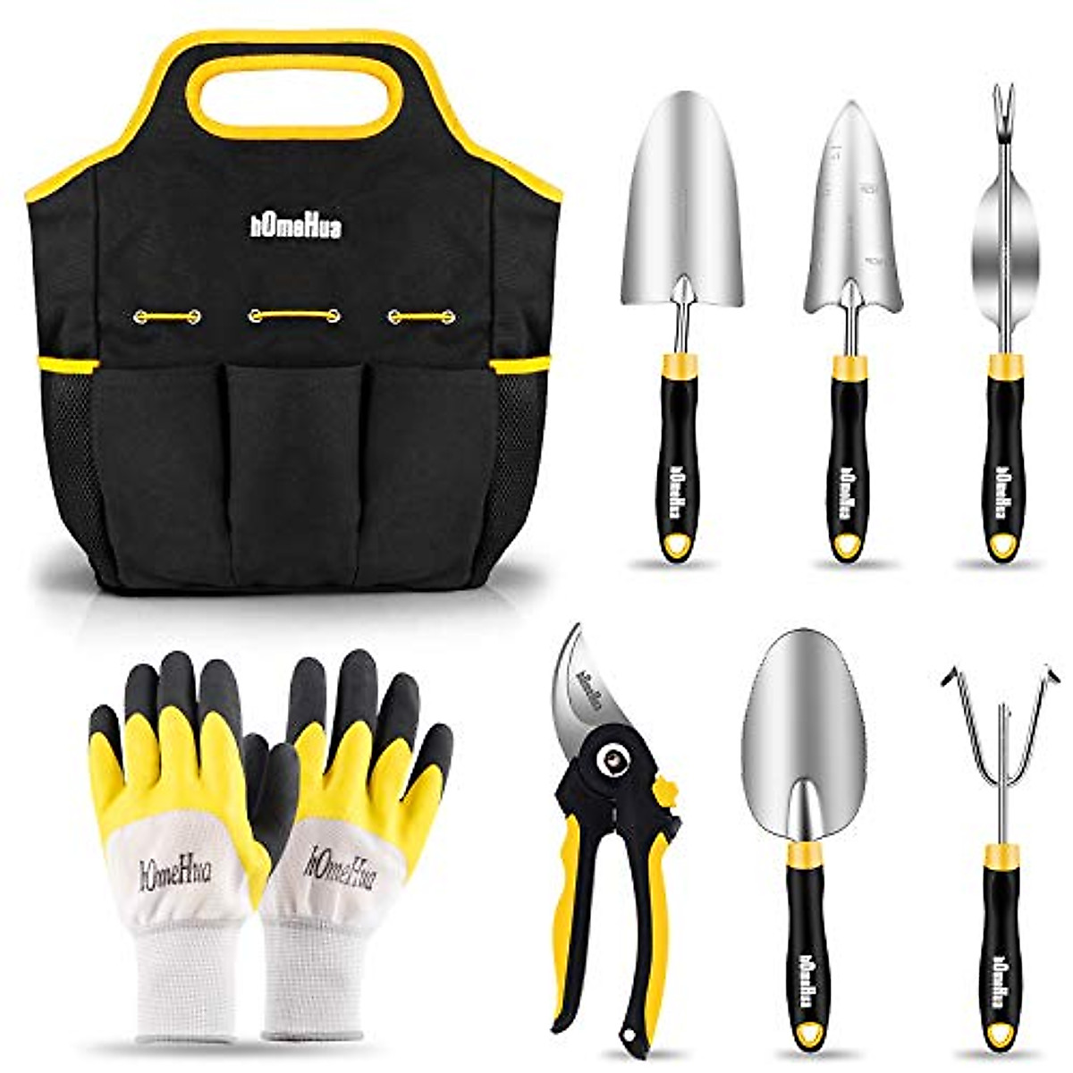 hOmeHua Garden Tools Set, 8 Piece Stainless Steel Heavy Duty Gardening Kit with Ergonomics Soft Rubberized Non-Slip Handle, Tote Bag, Gloves, Trowel, Weeder Tools - Garden Gifts Packing for Men Women