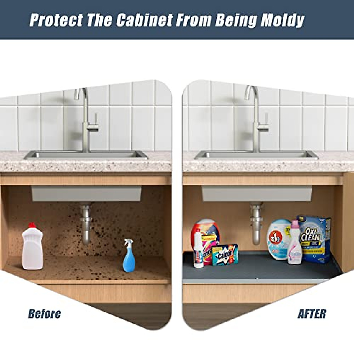 JOHAMOO Under Sink Mat Waterproof, 34" x 22" Silicone Kitchen Cabinet Liner, Bathroom Basin Cabinet Protector Drip Tray Gray